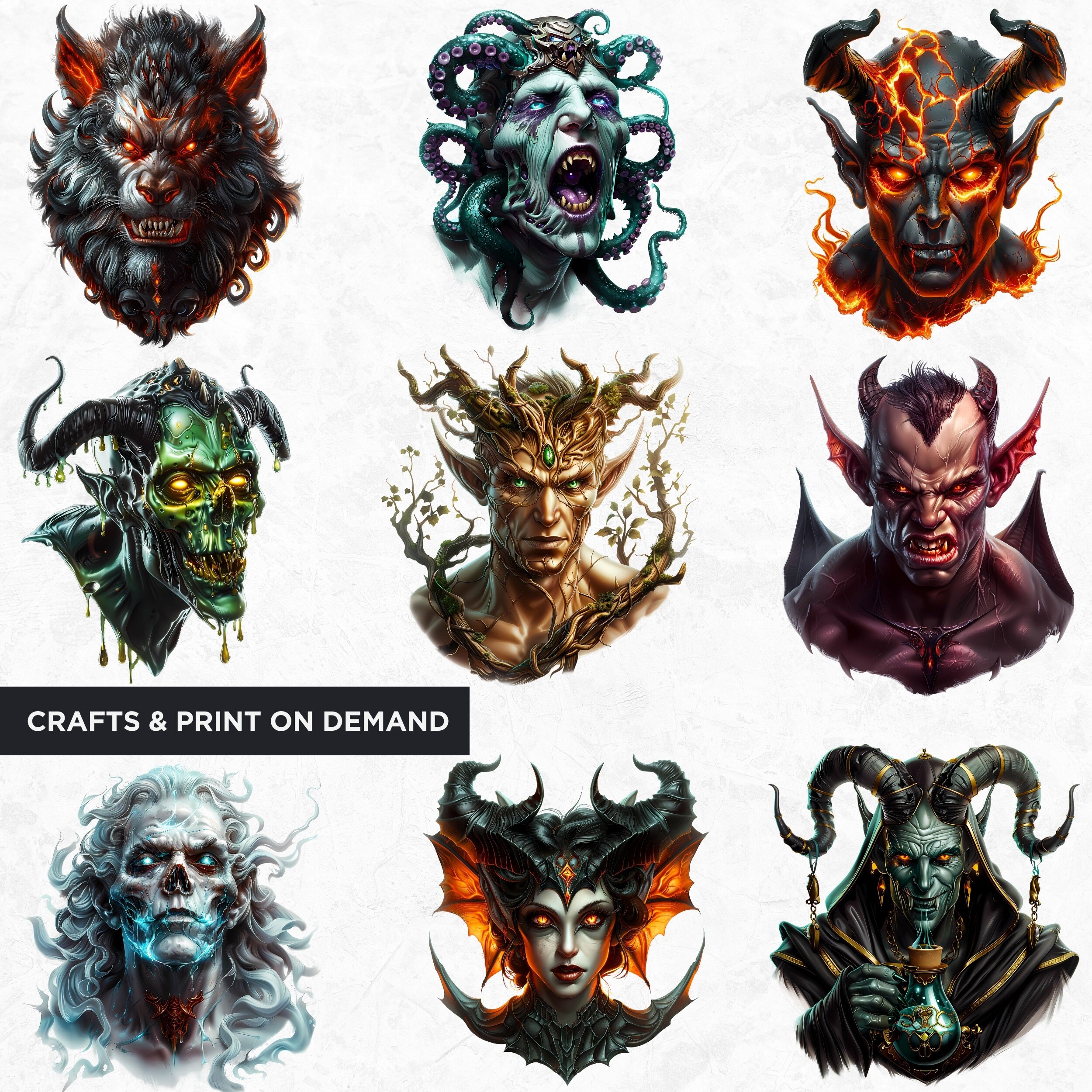 30 Demonic Portraits Clipart: Horror Gothic PNG Designs (digital ...