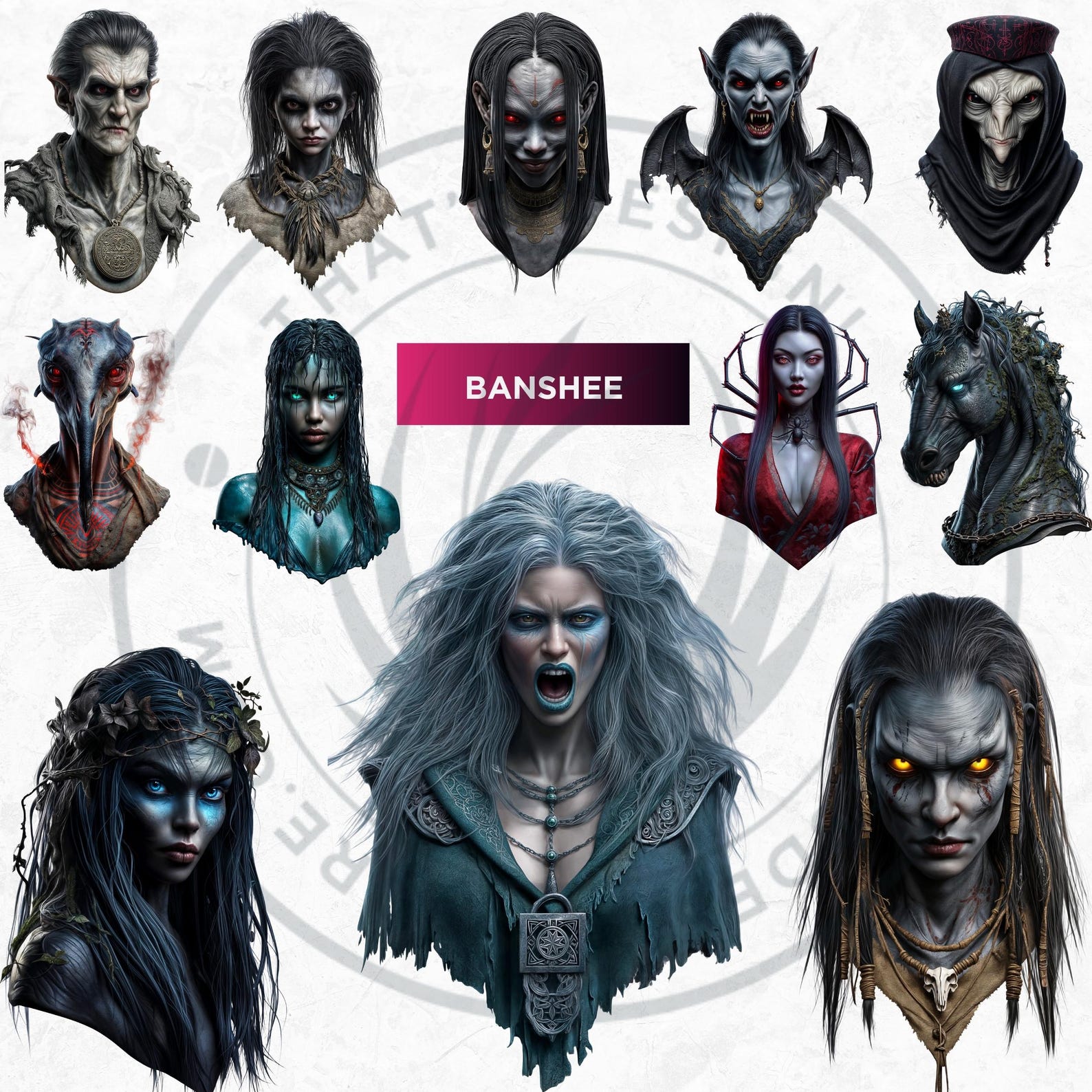 Dark Fantasy Clipart PNG Set: Gothic Folklore Monsters (digital ...