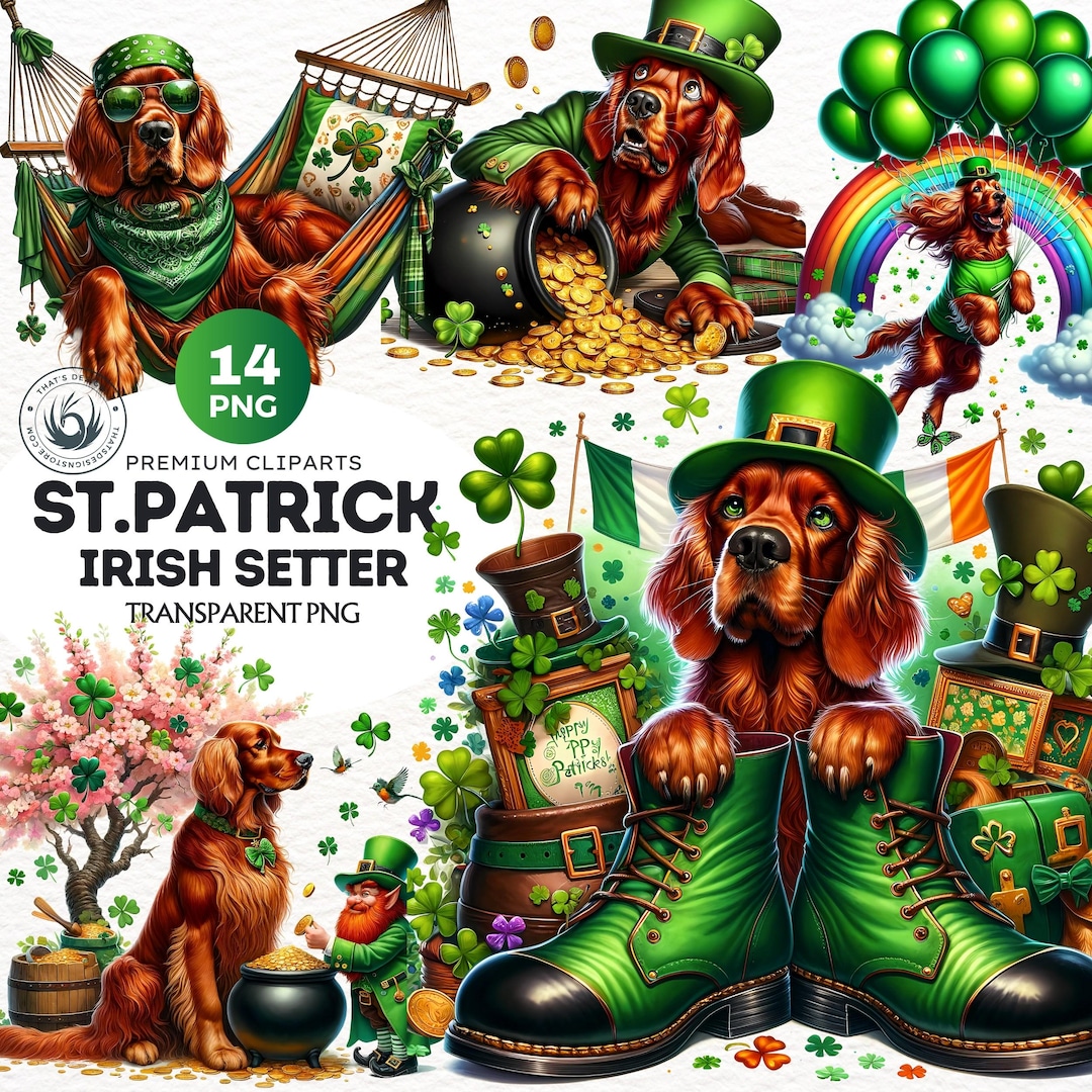 St Patricks Day Irish Setter Clipart Set, Saint Patrick Dog PNG, Irish ...