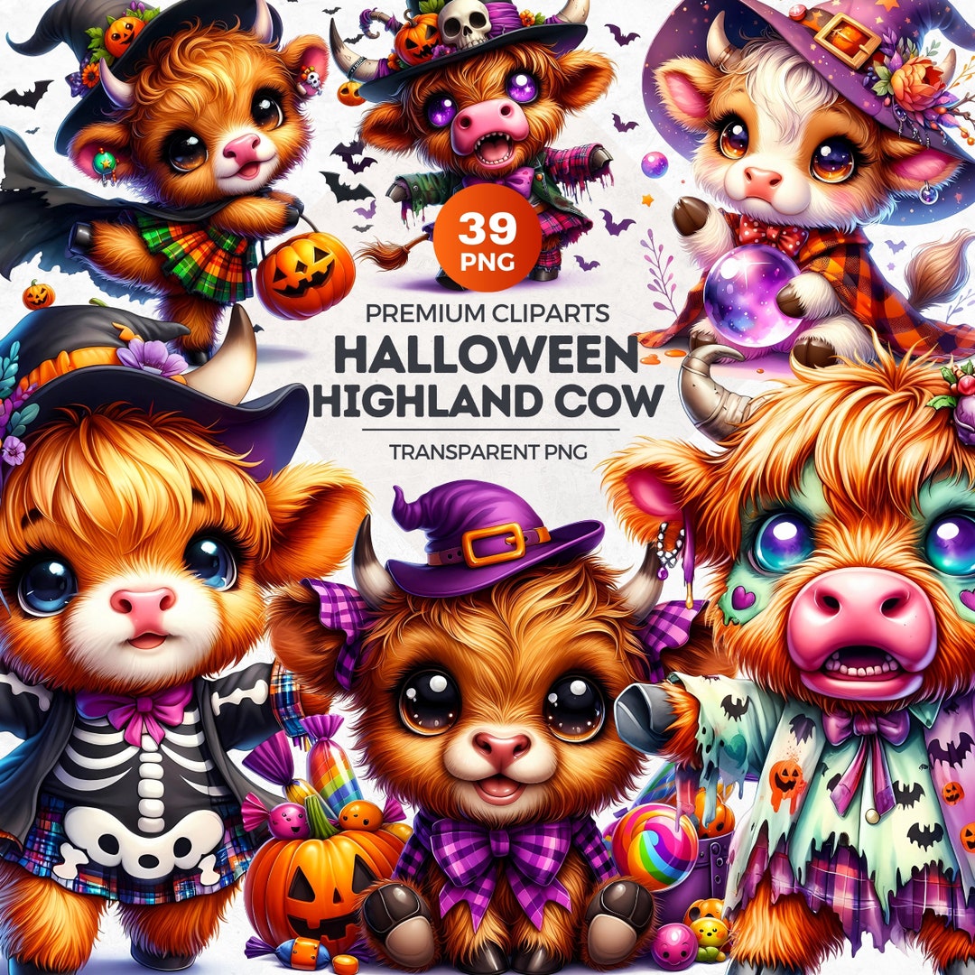 Halloween Highland Cow Clipart Set: Witch PNG, Kids Designs (digital ...