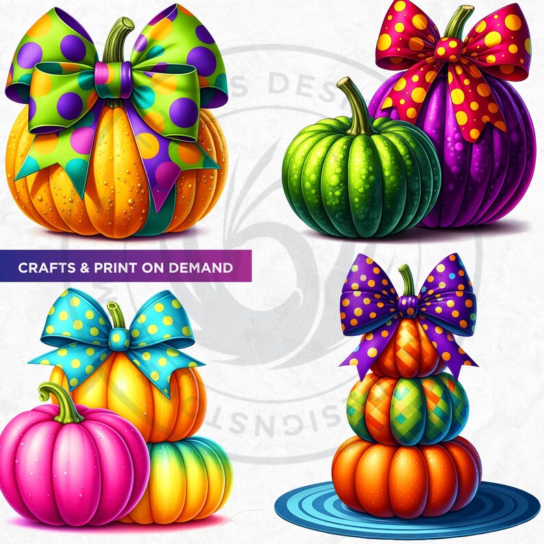 Polka Dot Pumpkin With Bow Clipart Set: Vibrant Coquette Halloween PNG ...