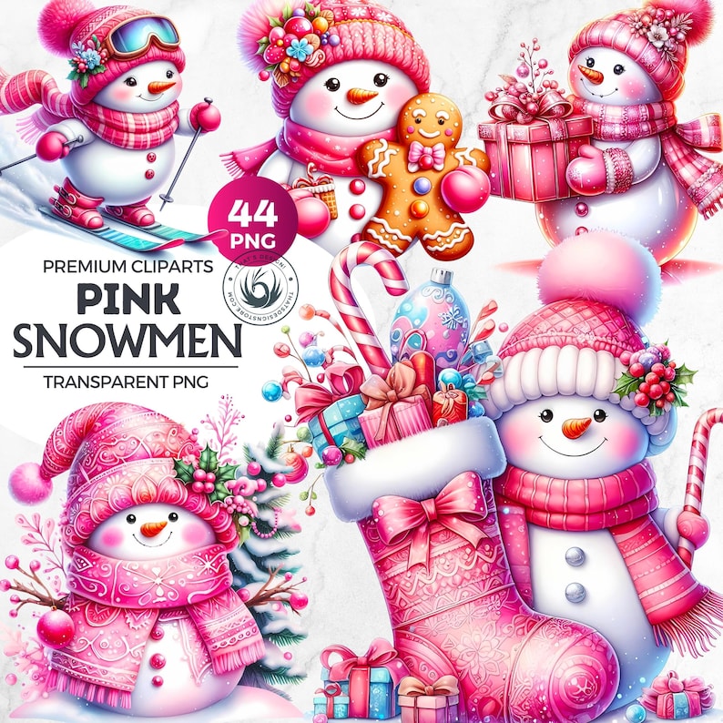 Watercolor Pink Snowman Clipart Set: Winter & Christmas PNG Bundle (PNG ...