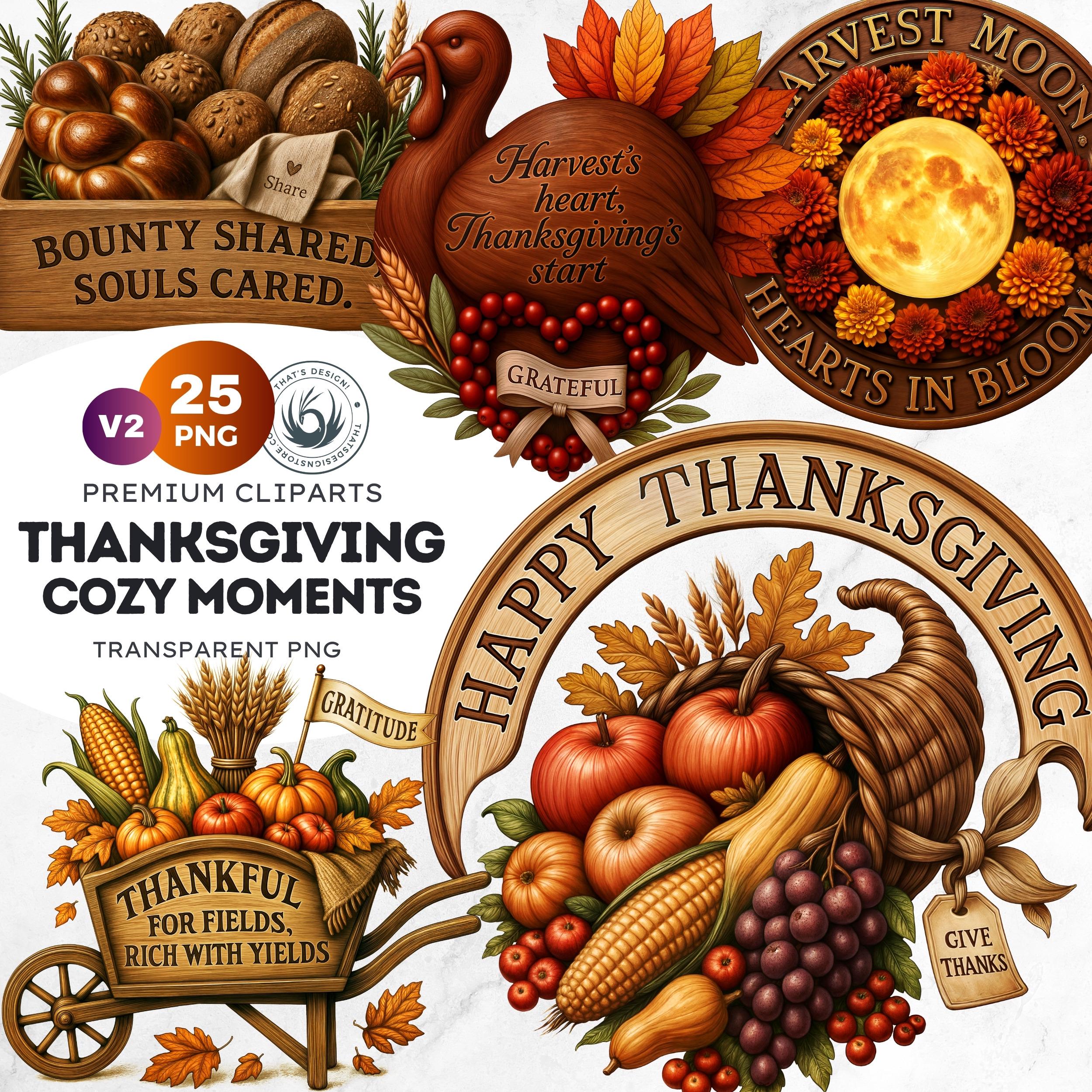 Thanksgiving Clipart Set: Grateful Harvest, Greeting Signs, Thankful ...