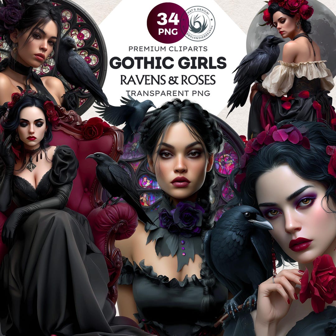 Gothic Girls Clipart: Ravens & Roses PNG Set (digital Download ...