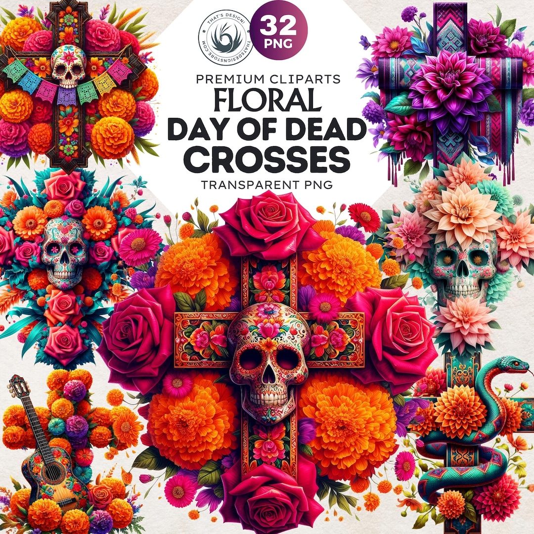 Floral Day of the Dead Crosses Clipart, Sugar Skull PNG (commercial Use ...