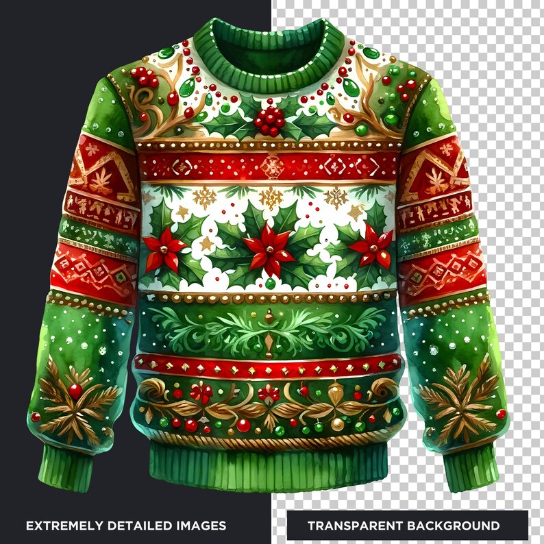 Watercolor Christmas Ugly Sweater Clipart: PNG Jumper Designs ...