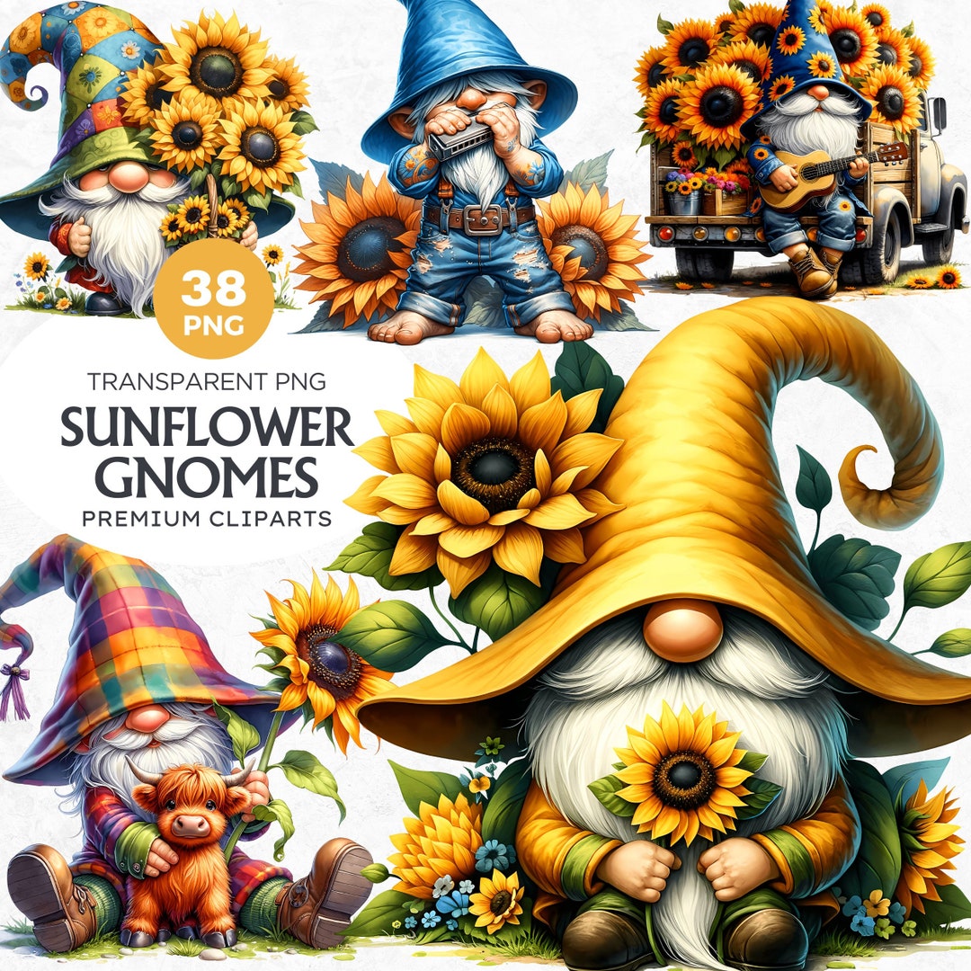 38 Sunflower Gnomes Clipart Set, Summer Gnome Clipart, Sublimation ...