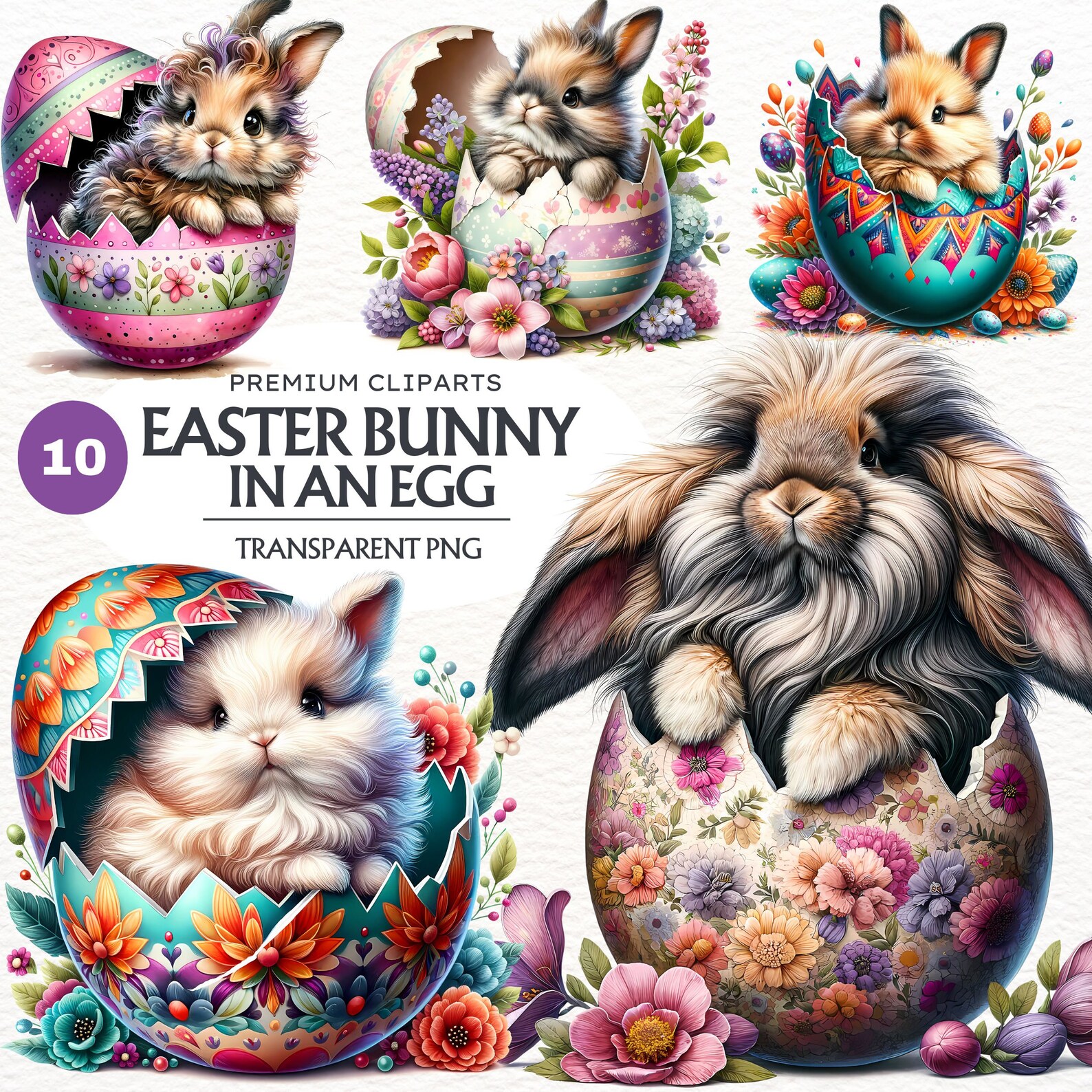 Easter Bunny in Egg Clipart Bundle, Rabbit Clipart, Spring PNG, Easter ...