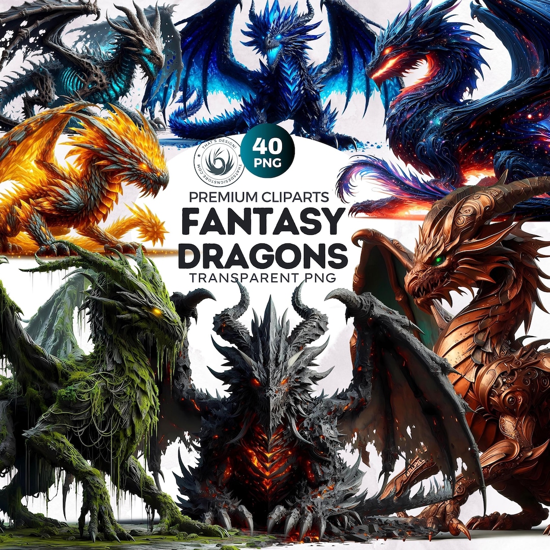 Fantasy Dragons Clipart Bundle: Mythical PNG Art (digital Download ...