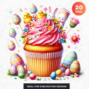 20 Easter Cupcake Clipart PNG Bundle, Floral Easter Illustrations Clip ...