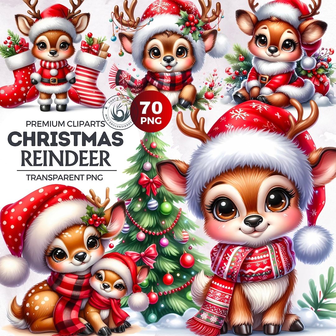 70 Cute Reindeer PNG Clipart Set, Christmas Deer, Watercolor Santa ...