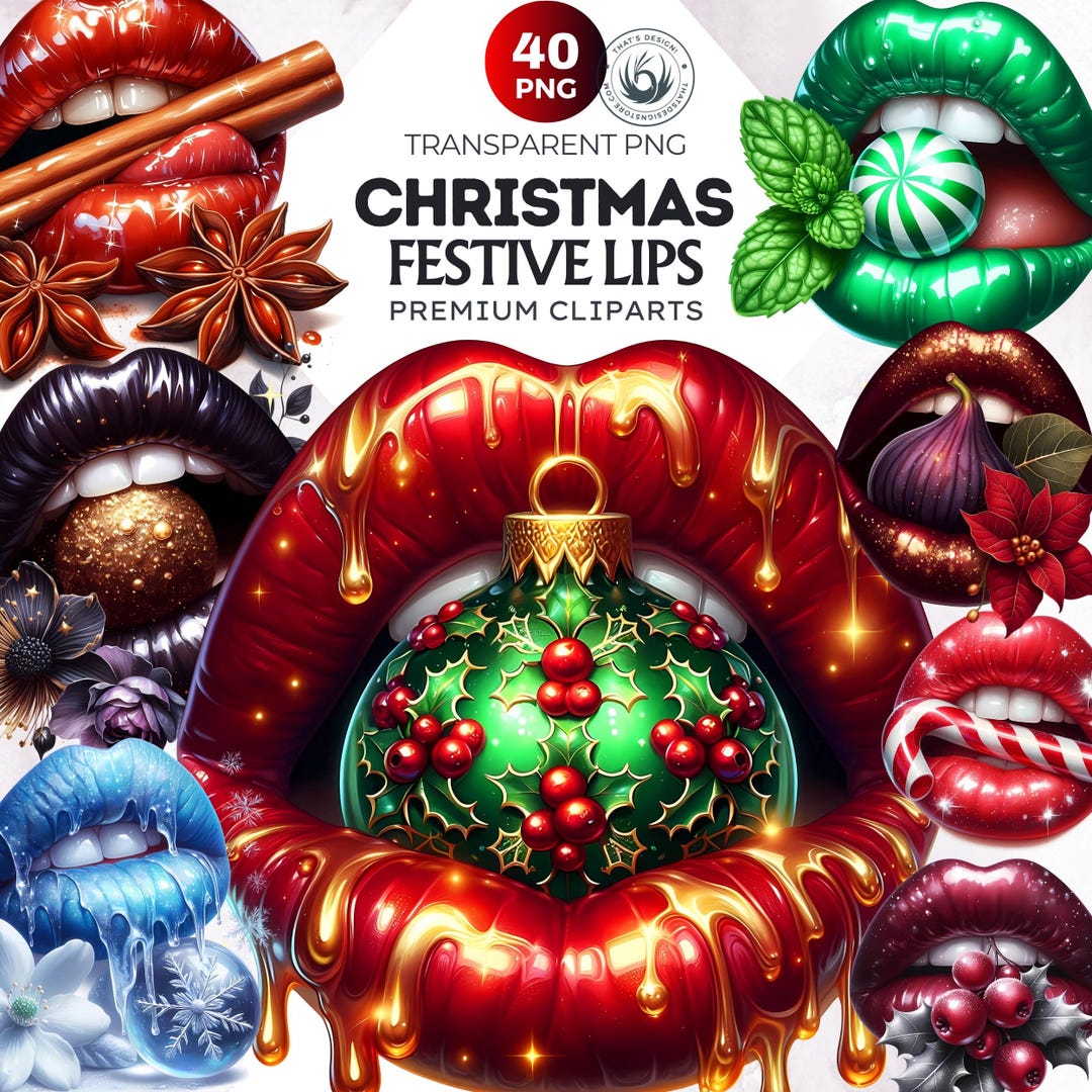 40 Christmas Lips Clipart Set - Festive Lips Sublimation Designs for ...