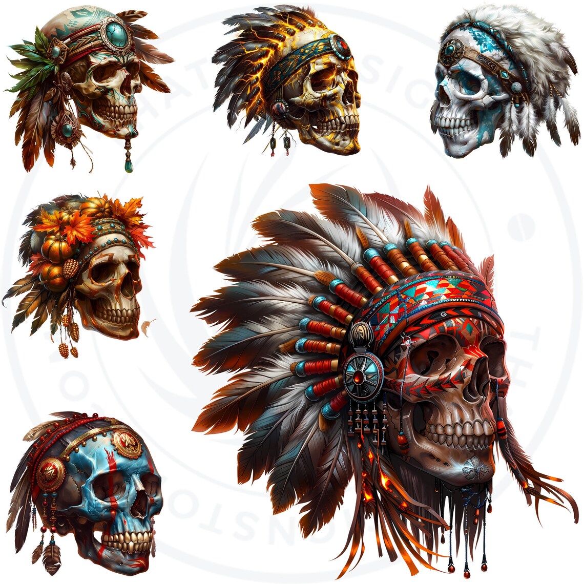 30 Native American Skulls Clipart Set, Head Skull PNG for Cultural ...