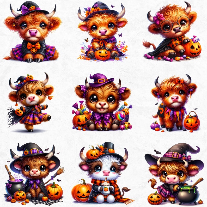 Halloween Highland Cow Clipart Set: Witch PNG, Kids Designs (digital ...