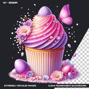 20 Easter Cupcake Clipart PNG Bundle, Floral Easter Illustrations Clip ...