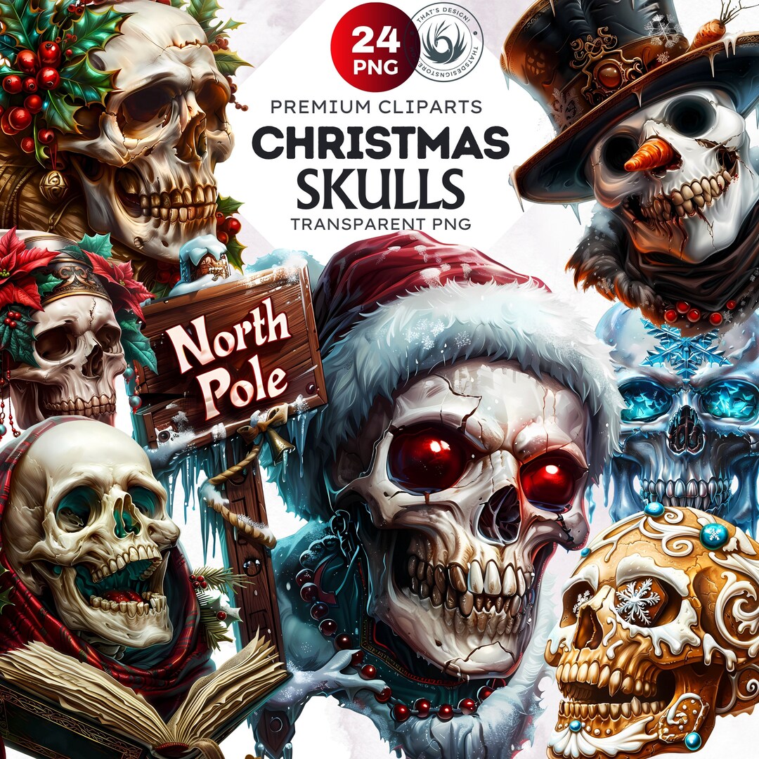 24 Christmas Skull Clipart Set, Skeleton Santa, Christmas Clipart ...