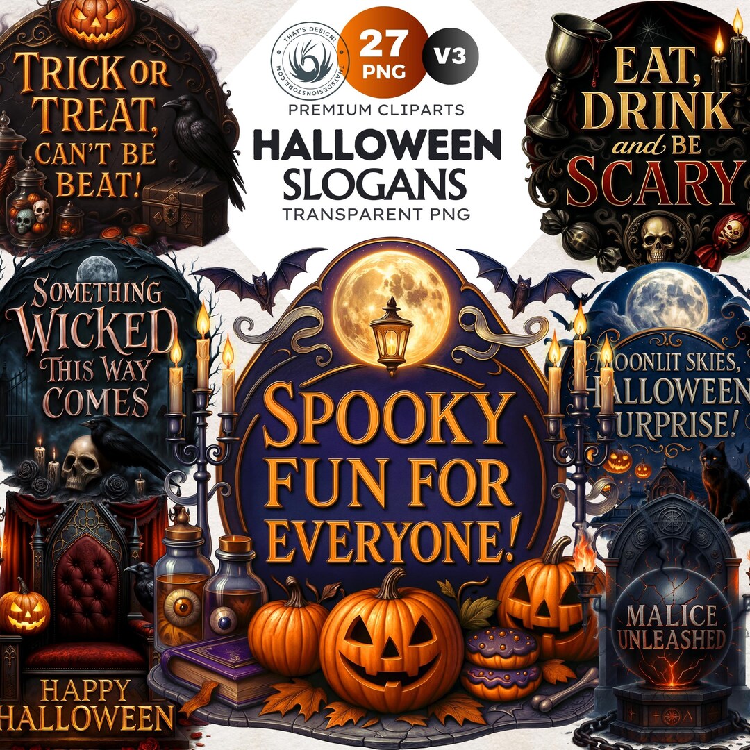 Halloween Slogans Clipart PNG Set V3, Trick or Treat Party Craft ...