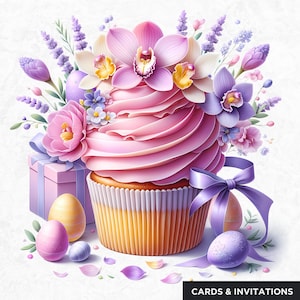 20 Easter Cupcake Clipart PNG Bundle, Floral Easter Illustrations Clip ...