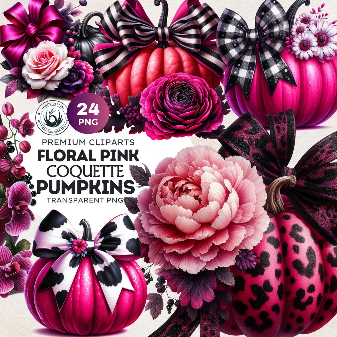 Pink Coquette Pumpkins With Bow Clipart: Floral Girly Halloween PNG ...