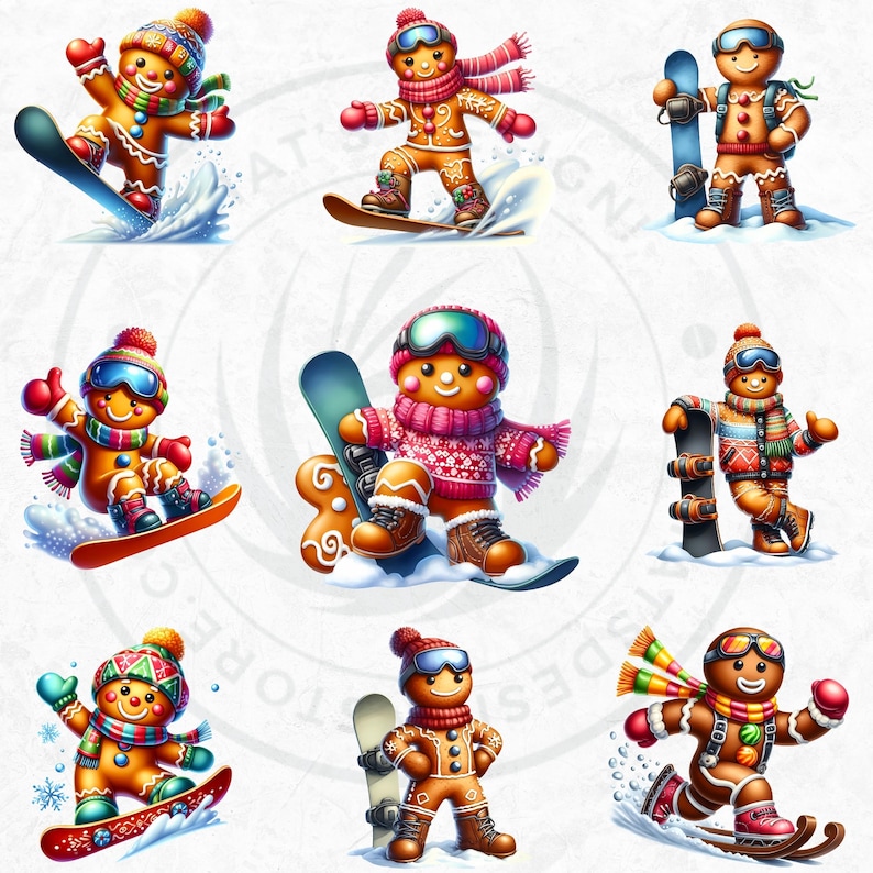 Gingerbread Man Winter Sports Clipart: Skiing & Snowboarding (53 PNG ...