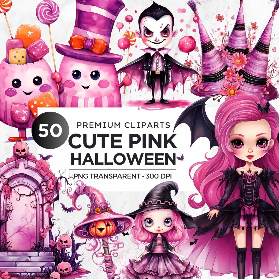 Watercolor Pink Halloween Clipart PNG | Cute Halloween PNG Bundle ...