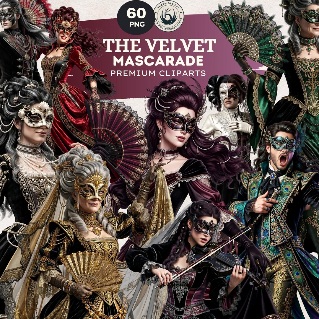 Velvet Masquerade Clipart, Ornate Opera Characters, Baroque Rococo PNG ...