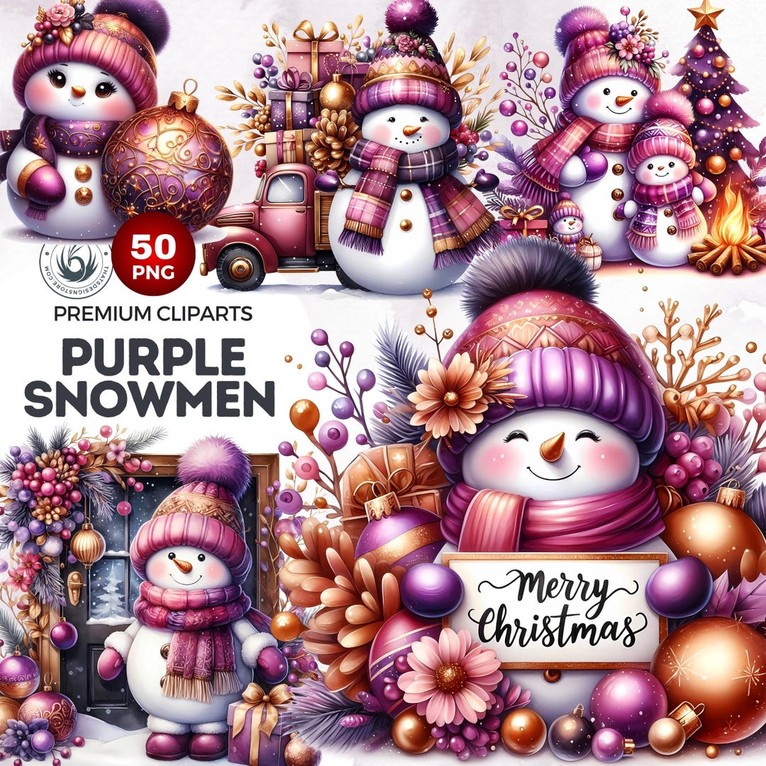 Purple and Gold Snowman Clipart Bundle: Festive Winter & Christmas PNG ...