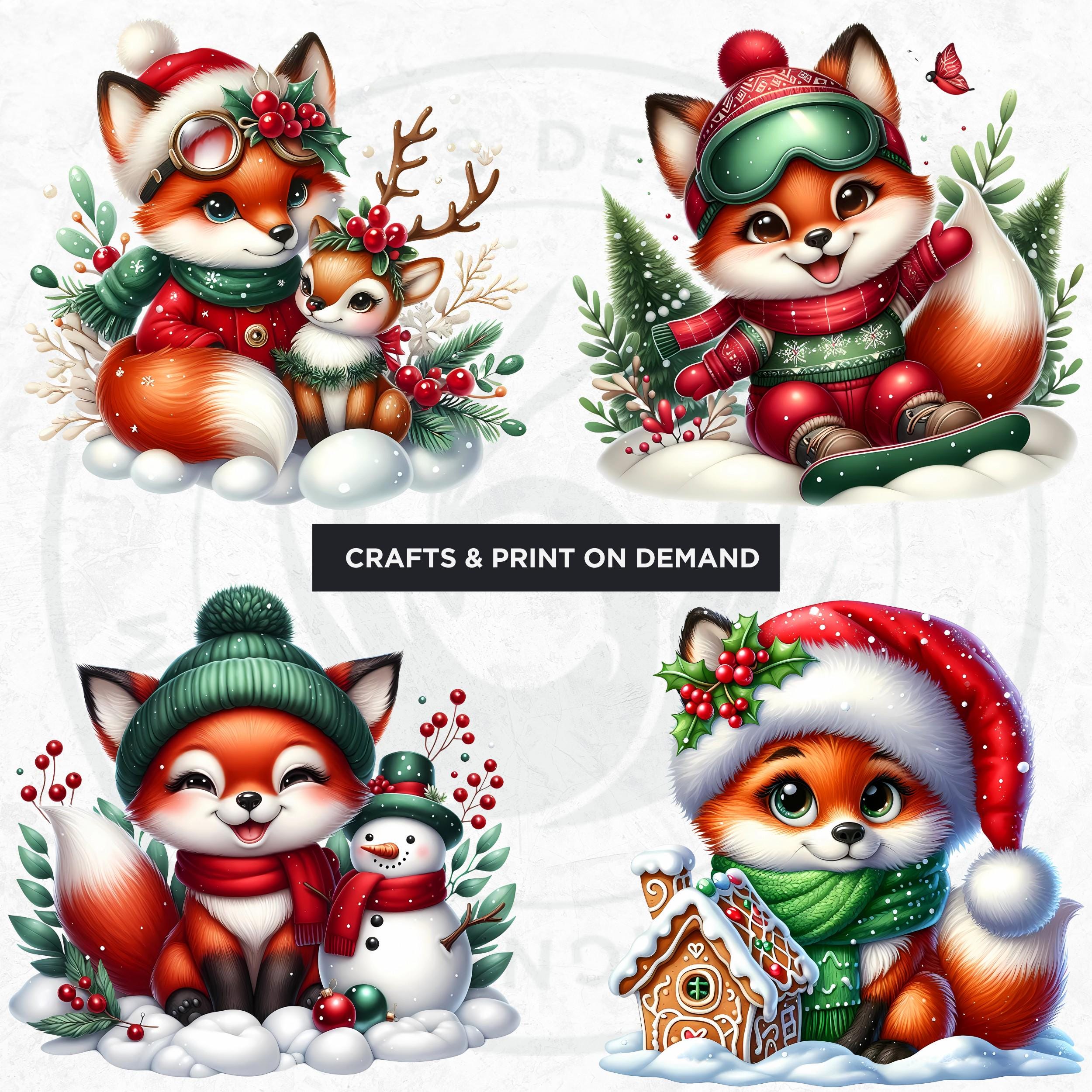 Christmas Foxes Clipart Set: Woodland Animals With Santa Hat (digital ...