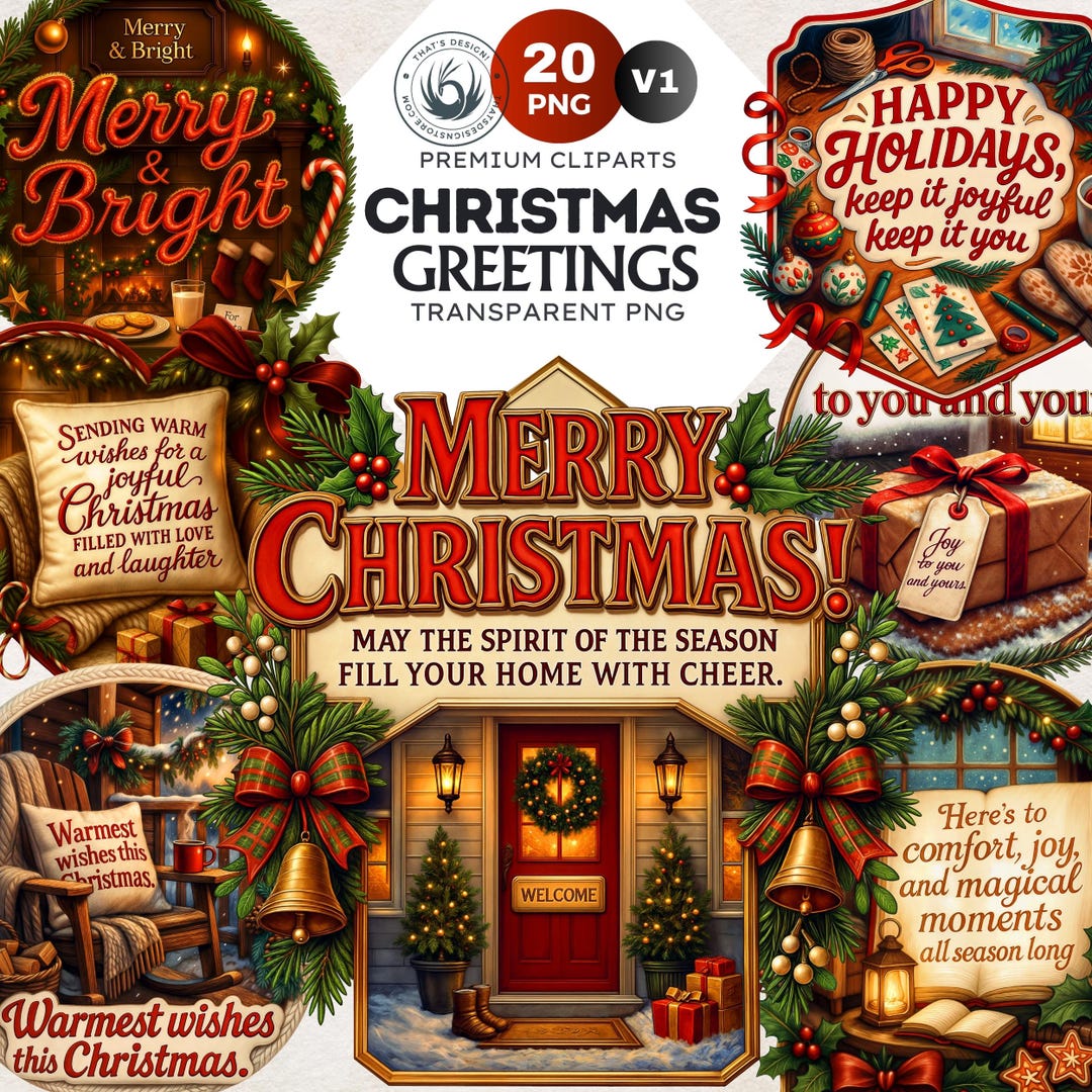 Christmas Greetings Clipart Set: Festive Holiday Quotes PNG (digital ...