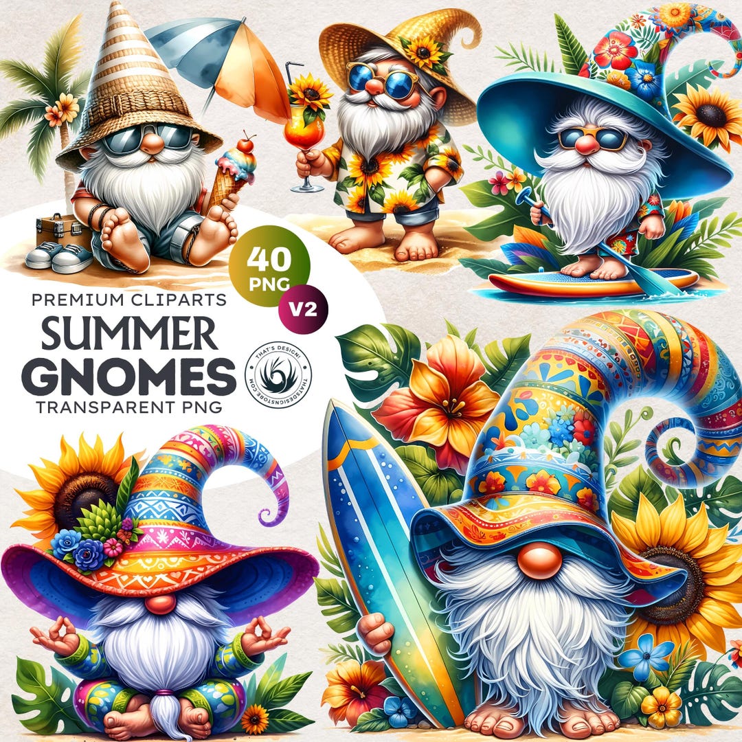 Summer Beach Gnome Clipart Bundle: Tropical PNG Graphics (commercial ...