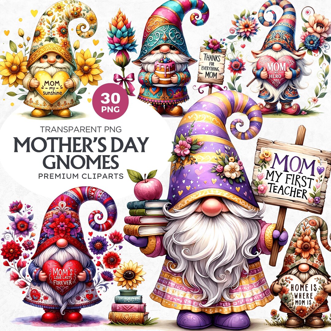 Watercolor Mother's Day Gnome Clipart, Gnomes With Signs, Mother's Love ...