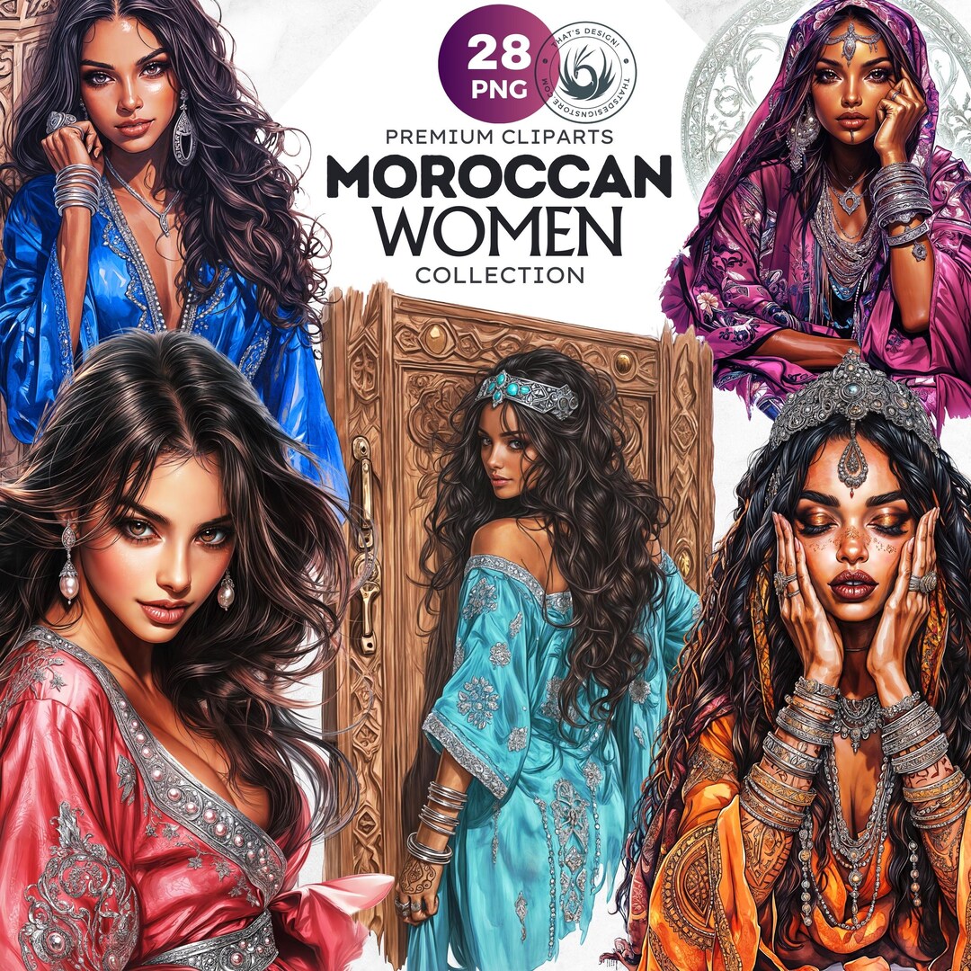 Moroccan Women Clipart Set, Elegant Woman in Traditional Moroccan Caftans, Reflecting Arabic and ...