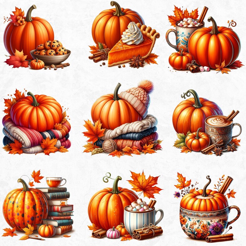 Autumn Pumpkin Clipart Set: Harvest Season PNG, Thanksgiving Graphics ...