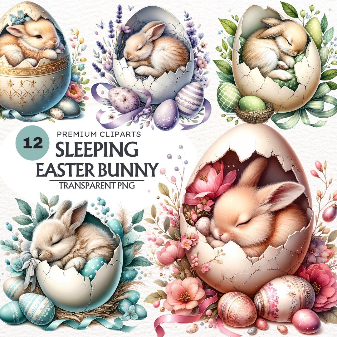 Easter Sleeping Bunny in an Egg Clipart Bundle, Nursery Bunny Clipart ...