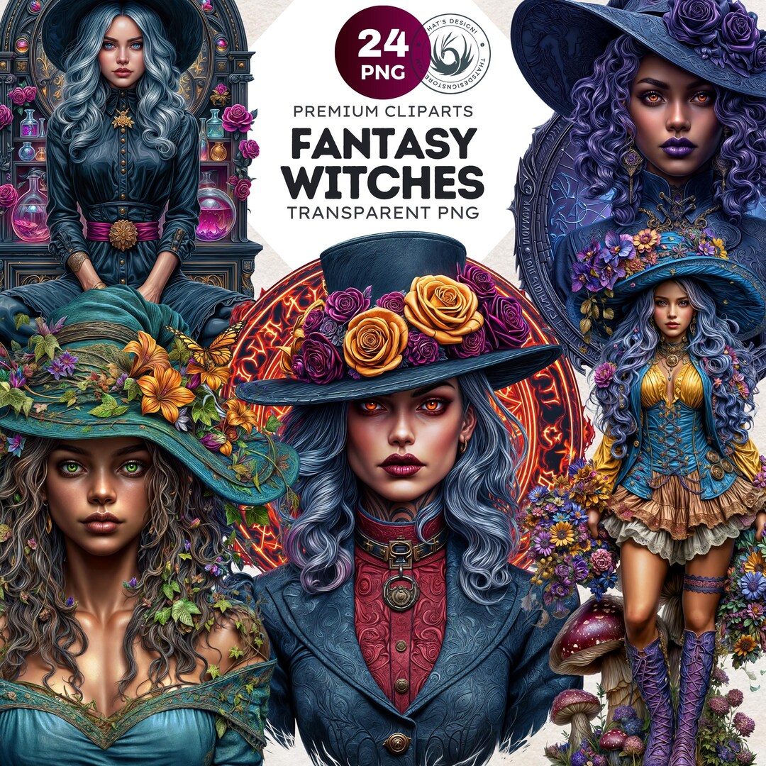 Fantasy Witch Clipart PNG Set: Gothic Sorceress Art (digital Download ...