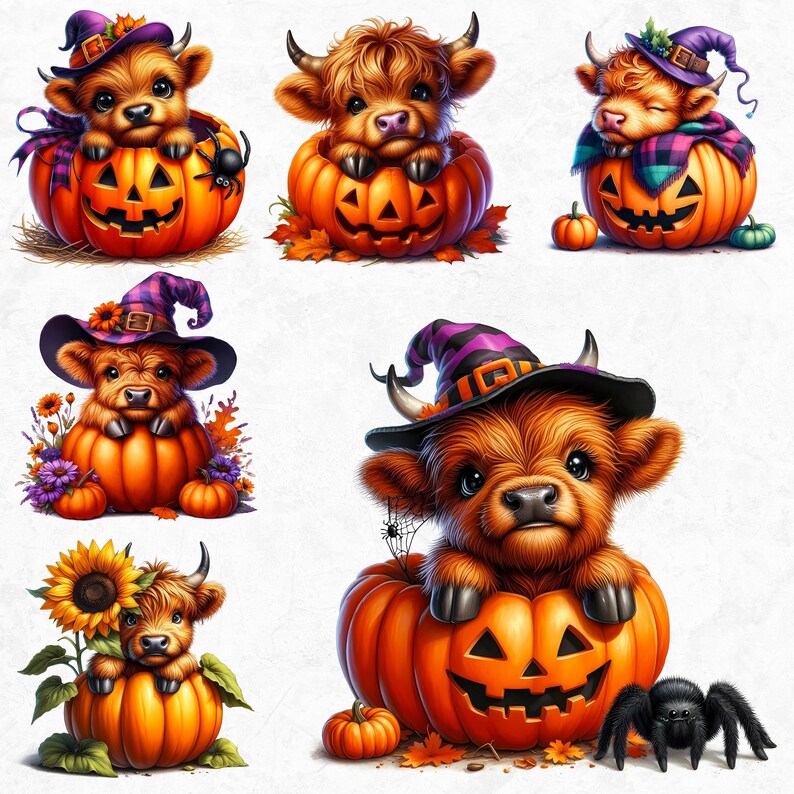 Halloween Highland Cow Clipart Set: Pumpkin PNG Designs (digital ...
