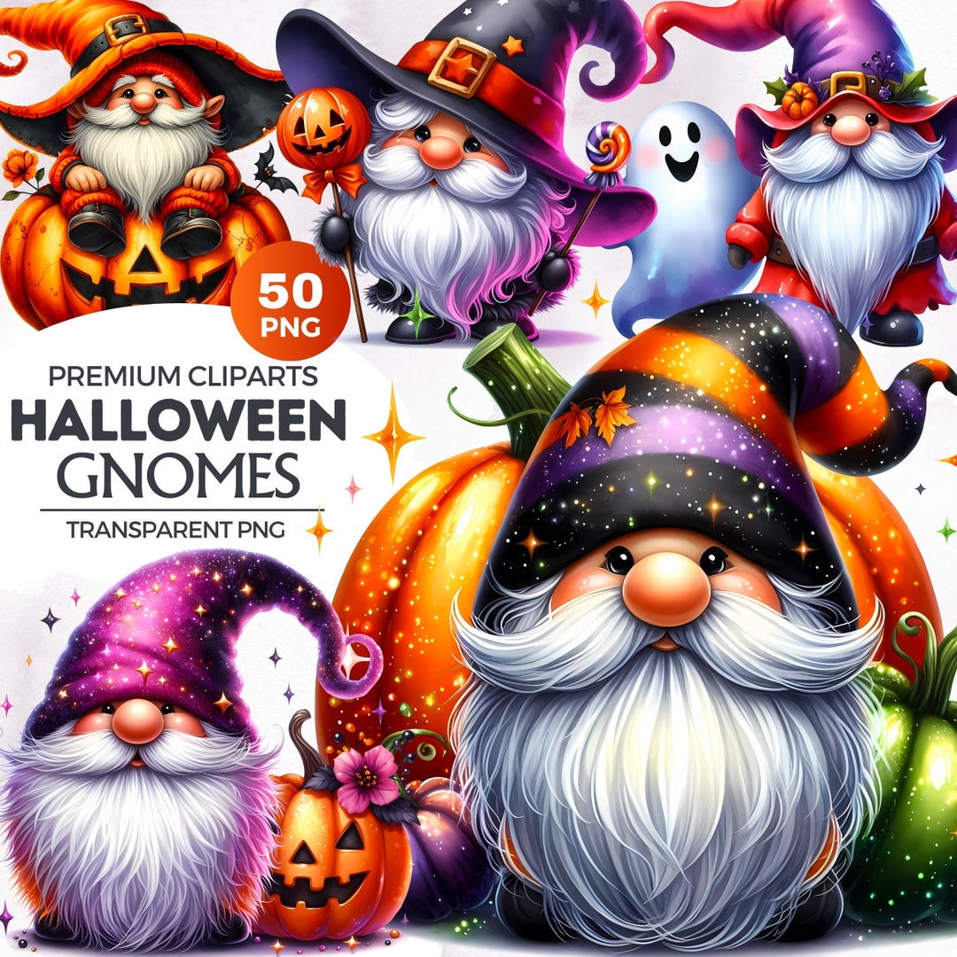 50 Halloween Gnomes Clipart Set, Witch Hat, Pumpkins, Skulls, Magical ...