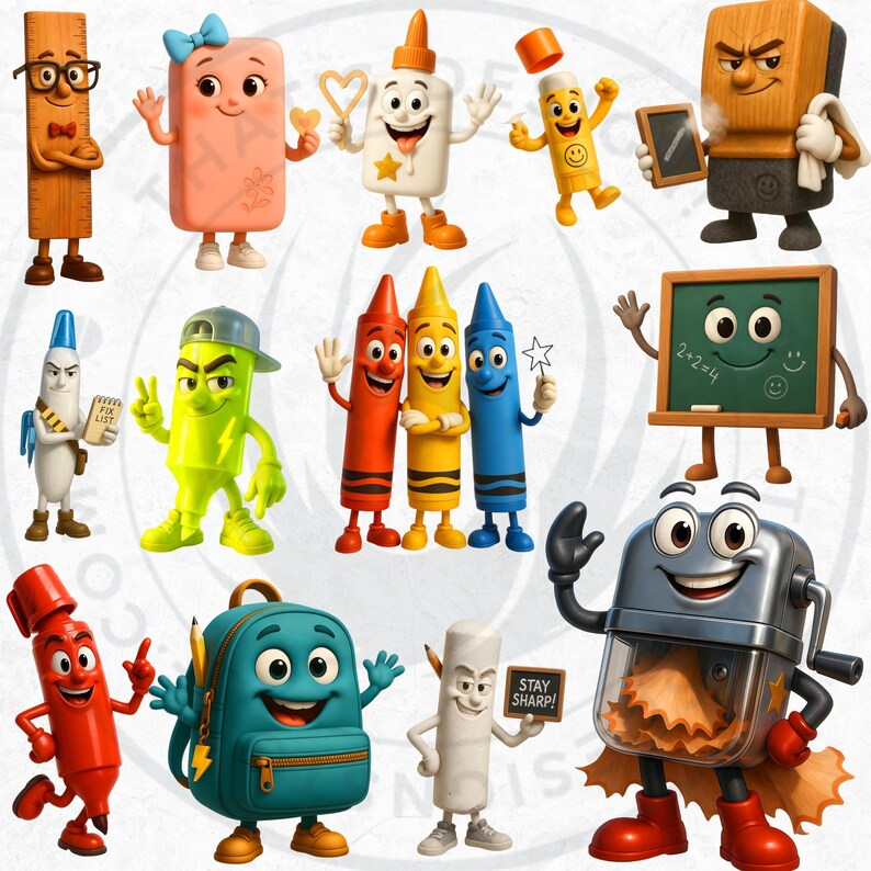 Back to School Buddies Clipart, 65 PNG School Supplies (instant ...