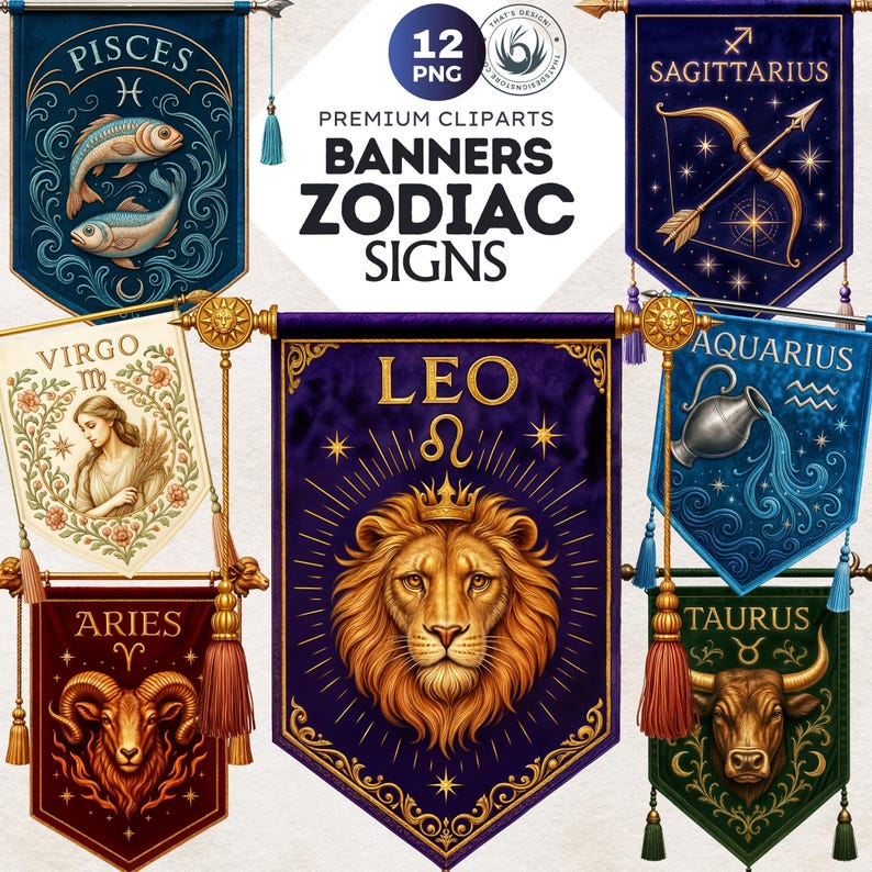 Medieval Zodiac Banners Clipart: Fantasy Horoscope Astrology PNG Set ...