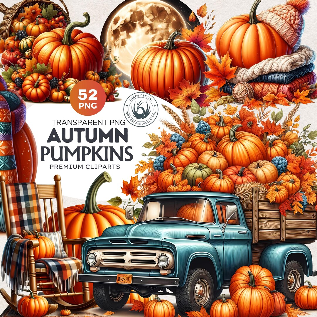 Autumn Pumpkin Clipart Set: Harvest Season PNG, Thanksgiving Graphics ...