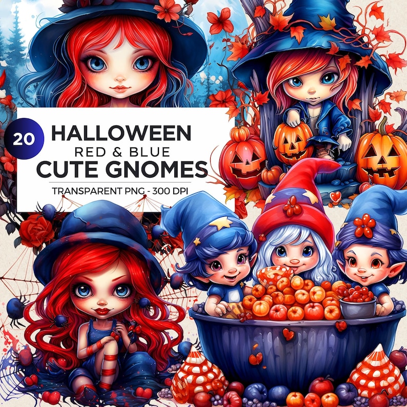 Watercolor Fall Garden Gnomes Halloween Clipart PNG Red and Blue ...