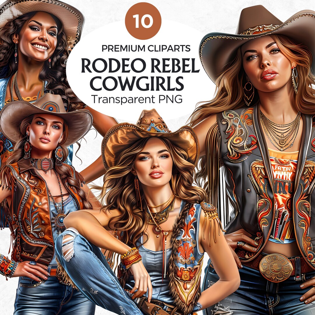 Western Rodeo Rebel Cowgirl Clipart Set, Fashion Cowgirl Portrait ...