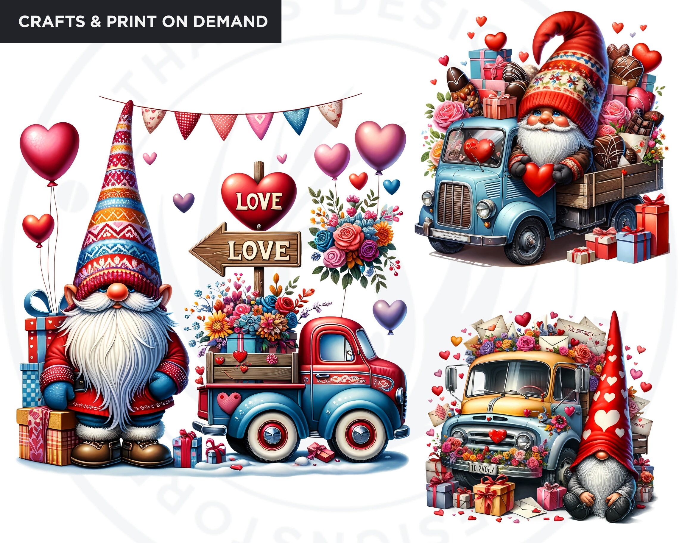 Watercolor Valentine Gnome Clipart: Truck PNG Set (digital Download) - Etsy