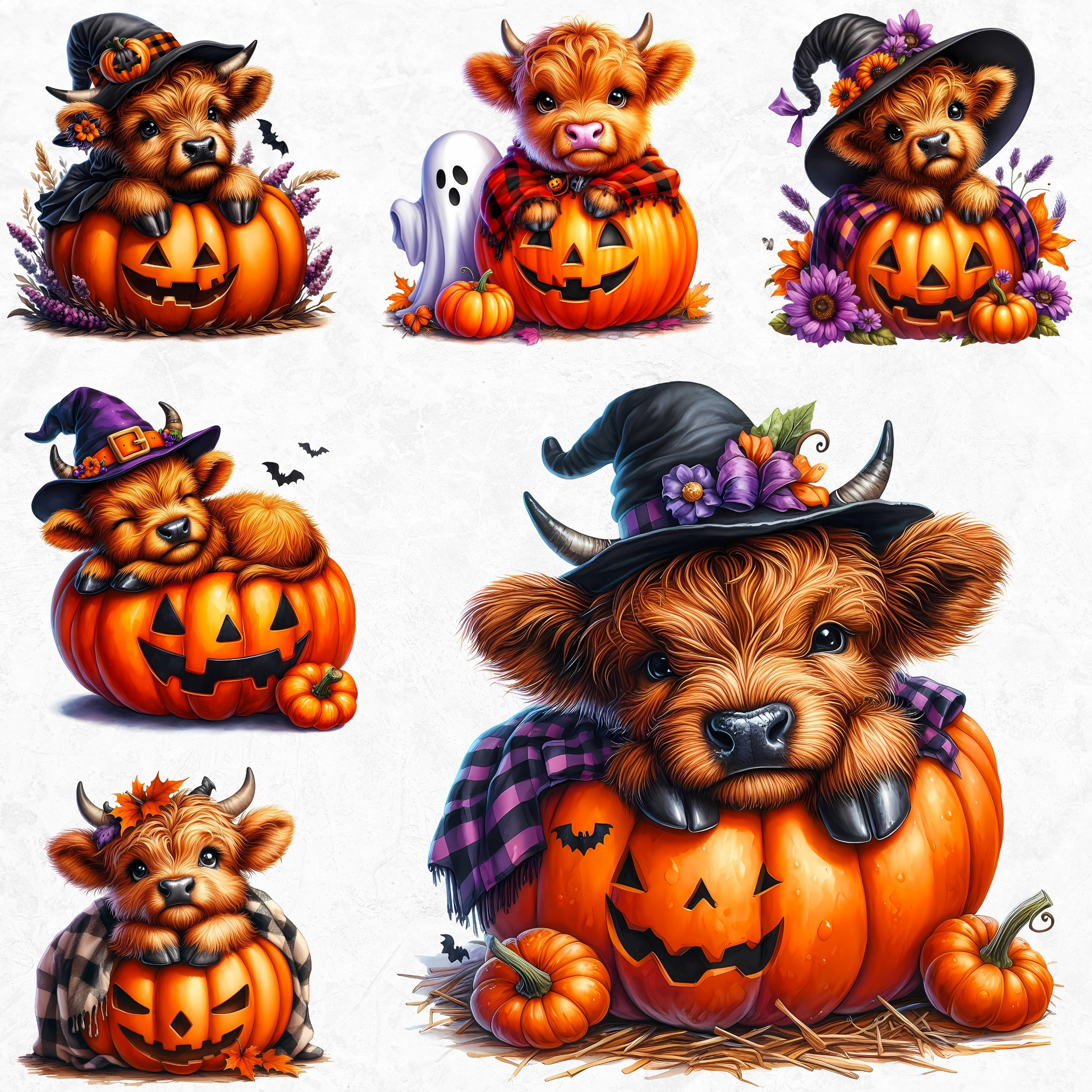 Halloween Highland Cow Clipart Set: Pumpkin PNG Designs (digital ...