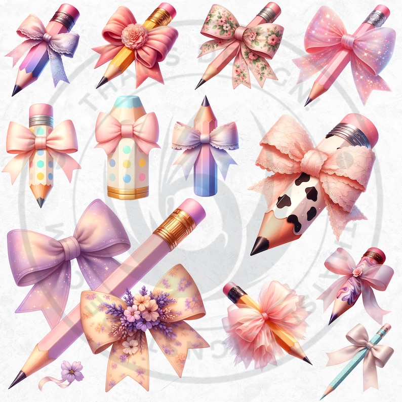 Pastel Coquette Pencil Clipart Set: Girly School Supplies (PNG Digital ...