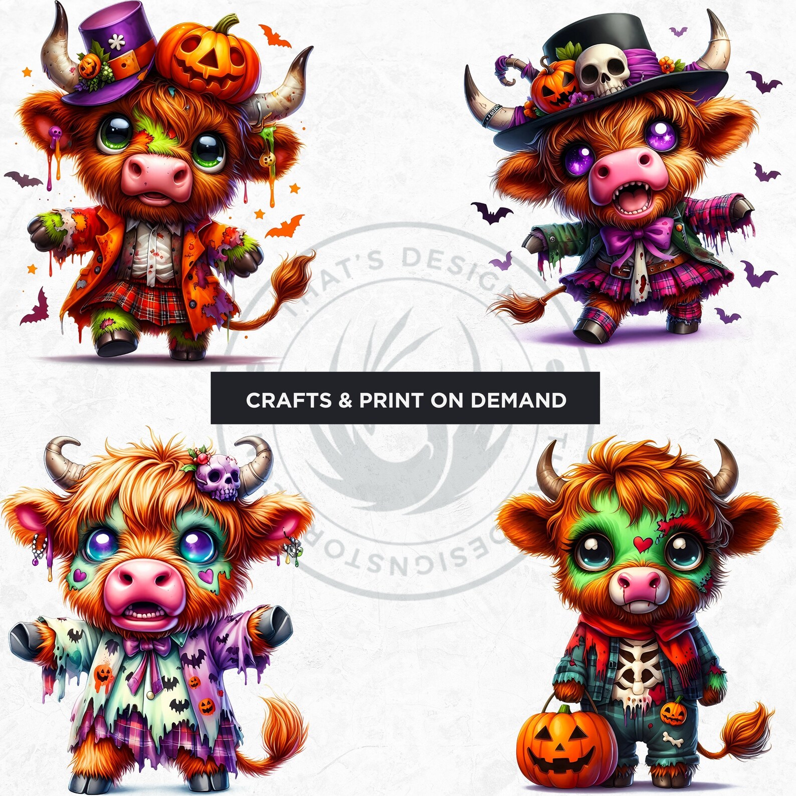Halloween Highland Cow Clipart Set: Witch PNG, Kids Designs (digital ...