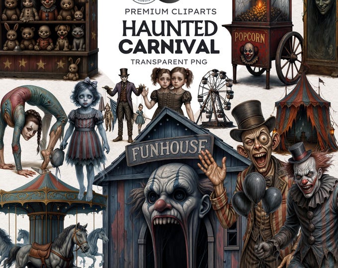 Haunted Carnival Clipart PNG Set: Creepy Circus, Halloween Graphics (60 ...