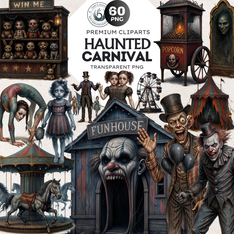 Haunted Carnival Clipart PNG Set: Creepy Circus, Halloween Graphics (60 ...
