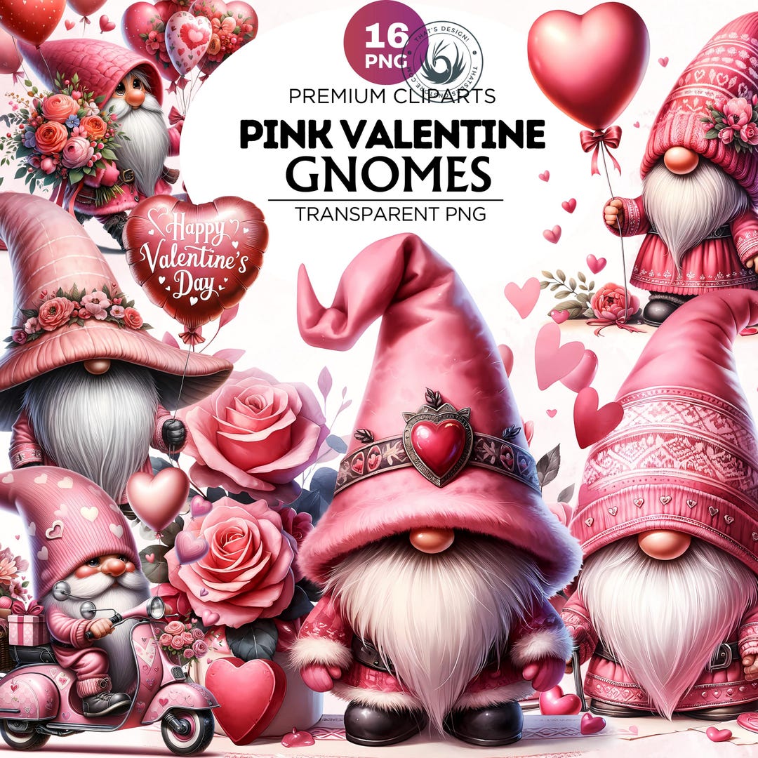 Pink Valentines Day Gnome Clipart, Pastel Watercolor Valentines Gnomes ...