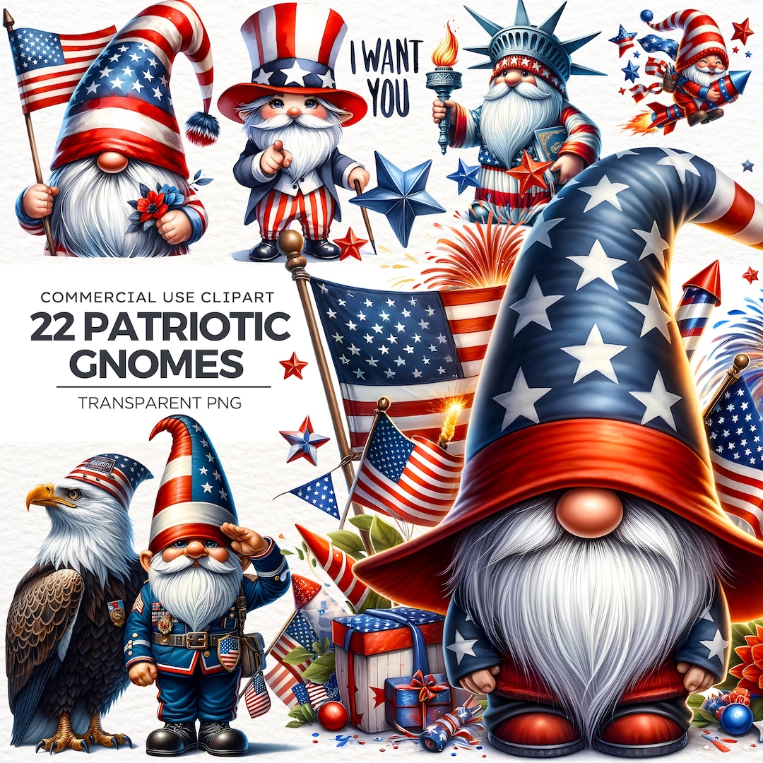 Patriotic Gnome Clipart PNG Bundle - 22 American Pride PNG, 4th of July ...
